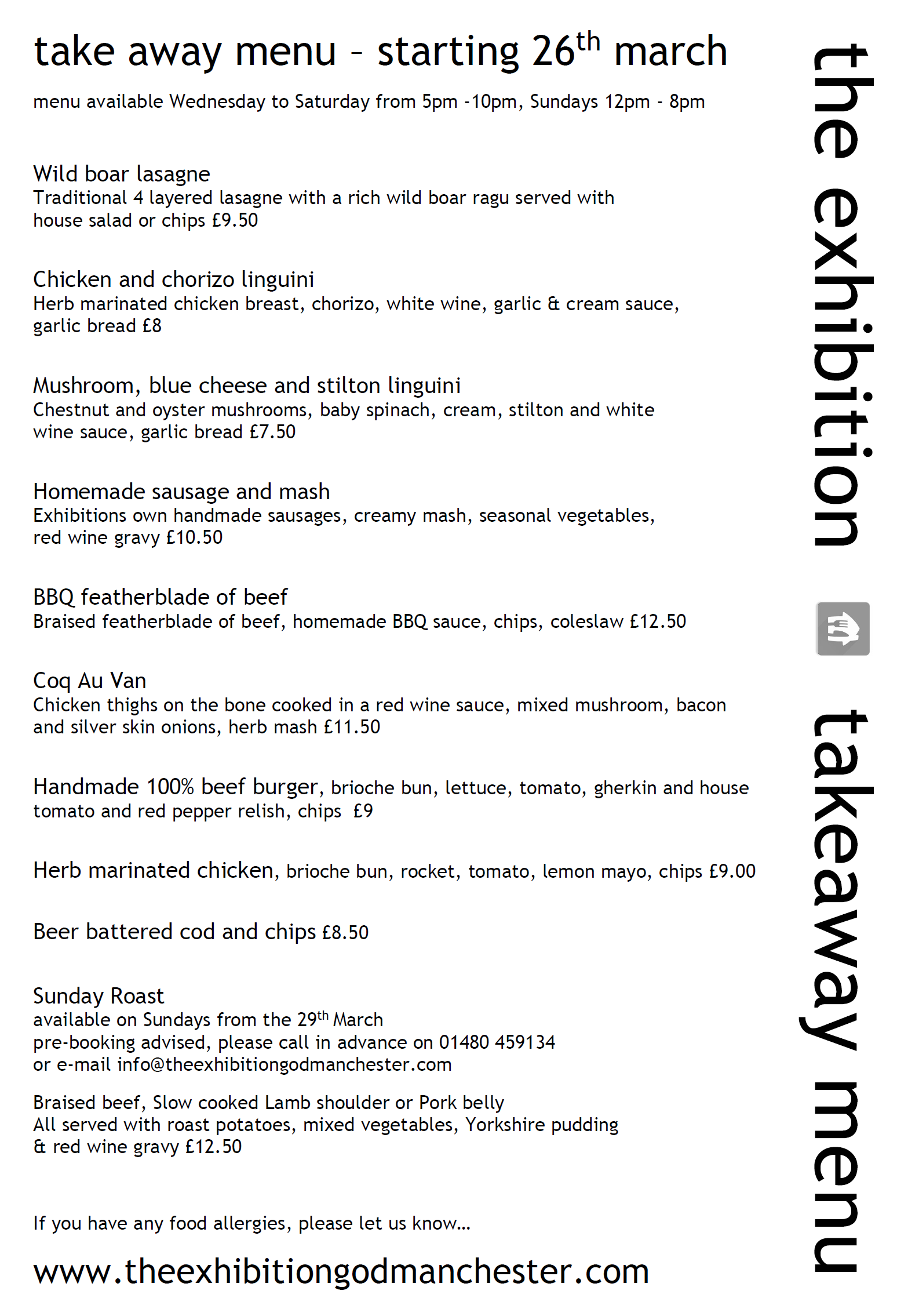 take away menu - the exhibition godmanchester